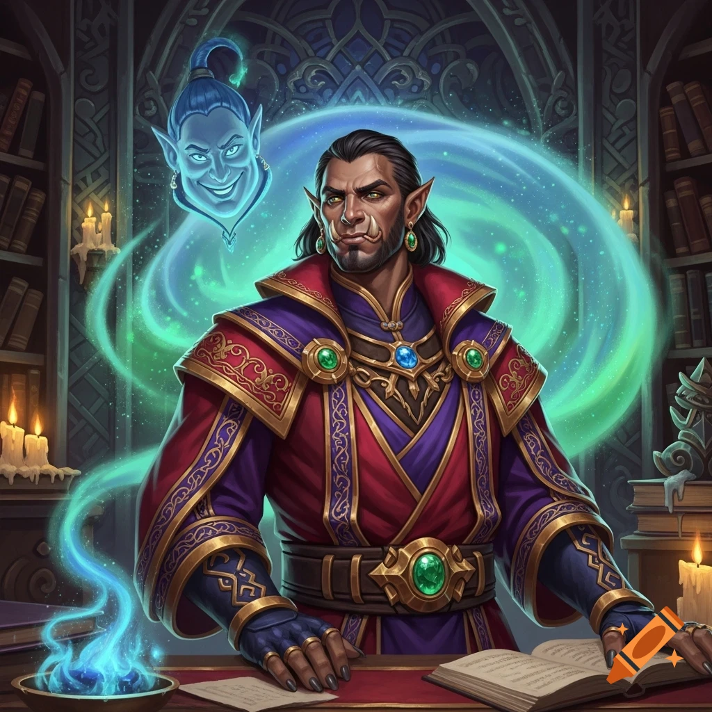 A half-orc warlock in ornate robes stands at a desk with an open book ...