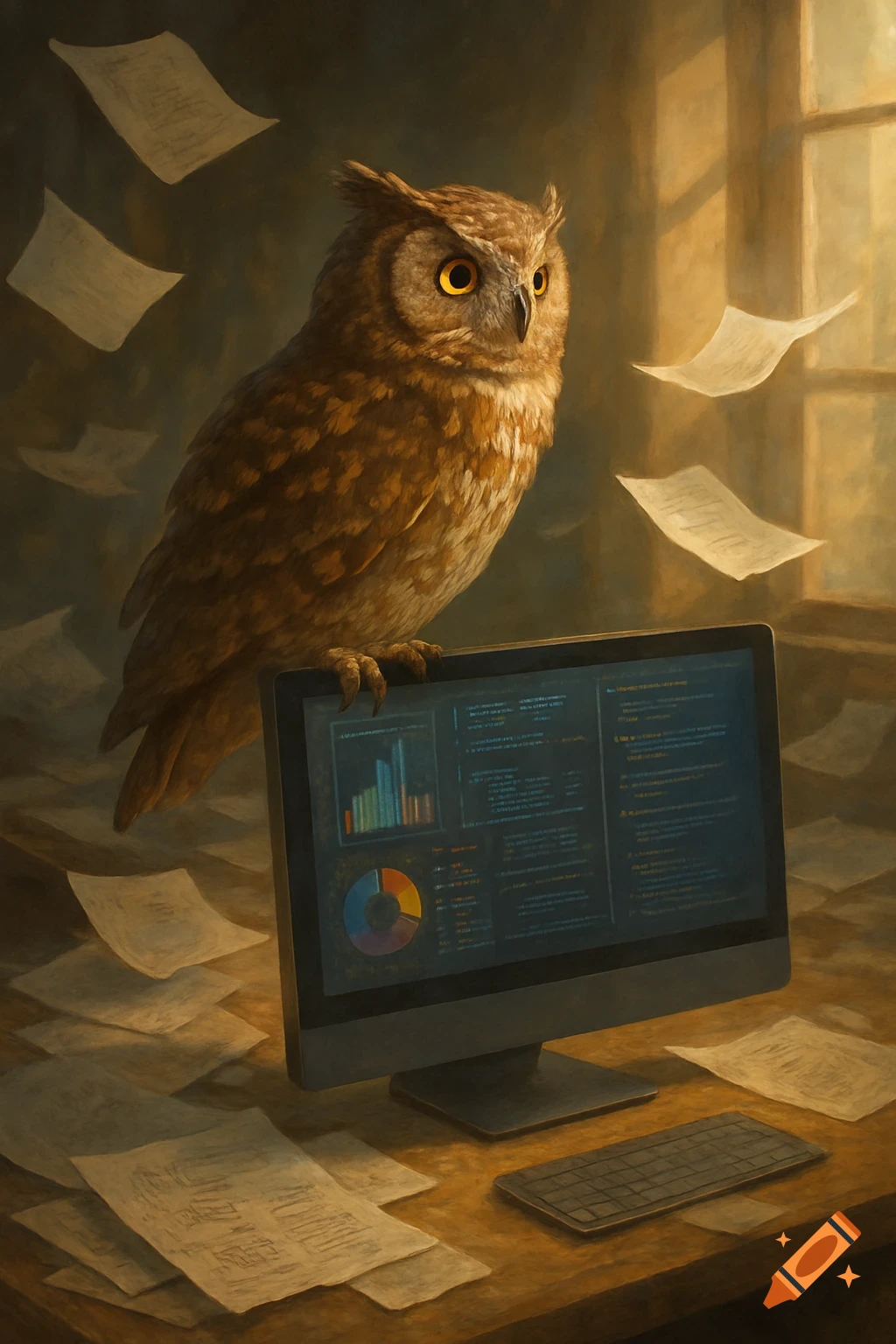 A detailed digital painting of a brown owl perched on a computer ...