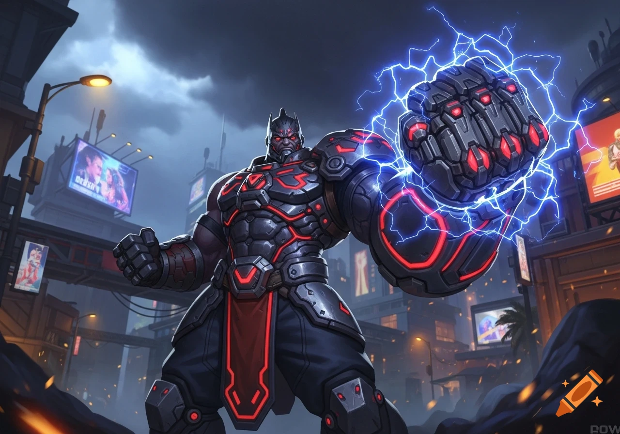 A large, muscular, armored character in black and red armor with red ...