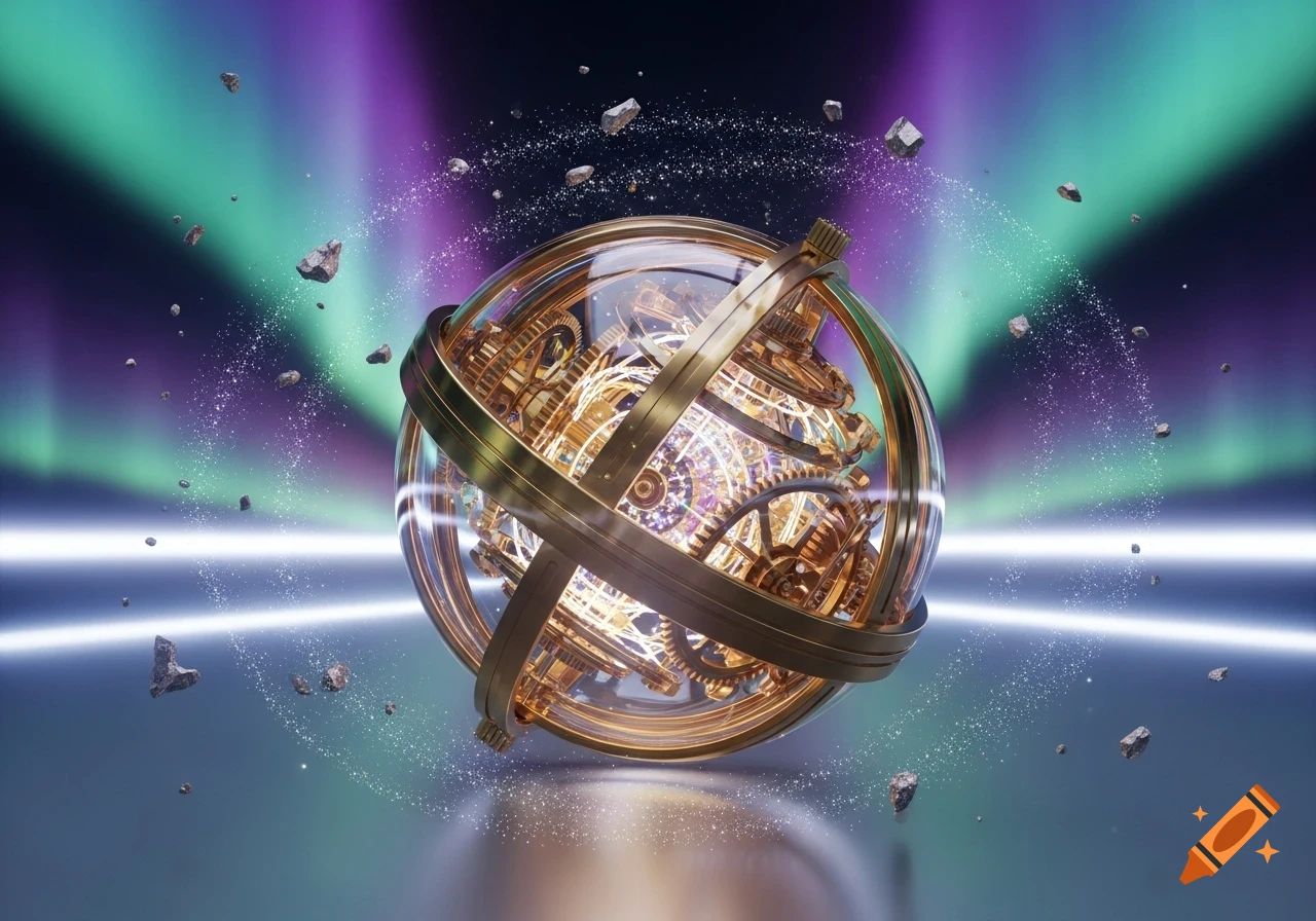 A golden, intricate clockwork sphere inside a glass orb, surrounded by ...