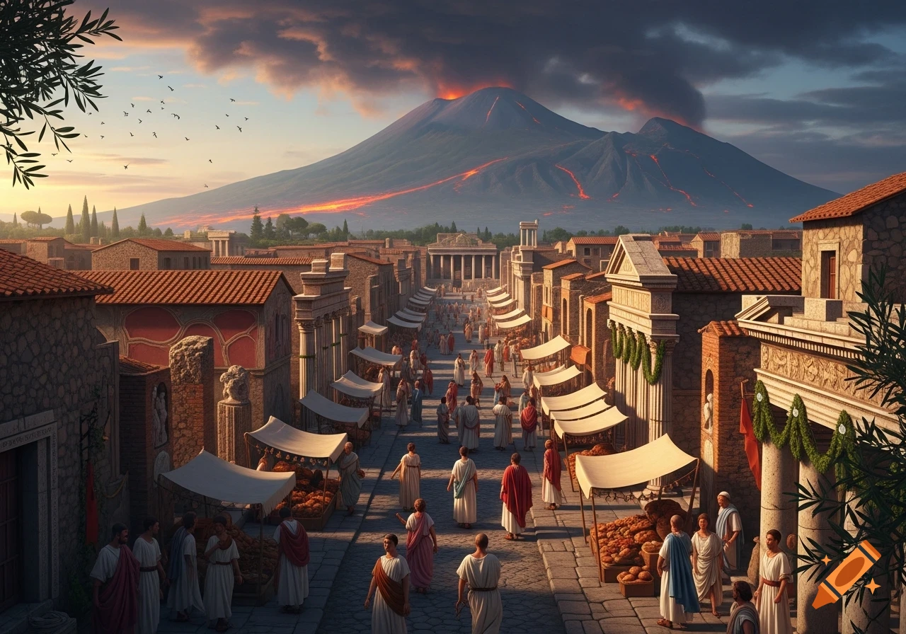An ancient Roman market street in Pompeii, bustling with people, under ...