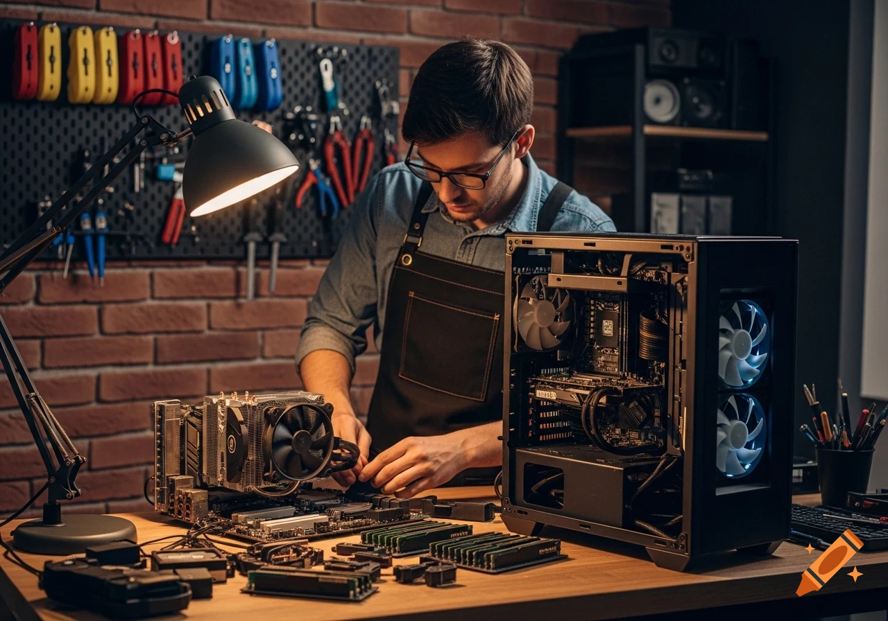 A computer technician in an apron assembles a custom PC on a desk with ...