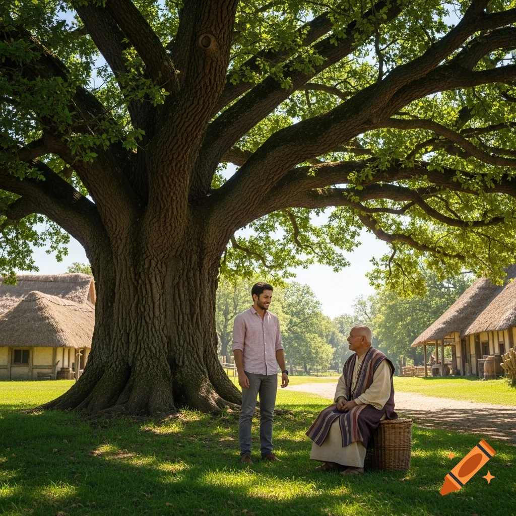 A cheerful man talks to a smiling wise master under a large tree in a ...
