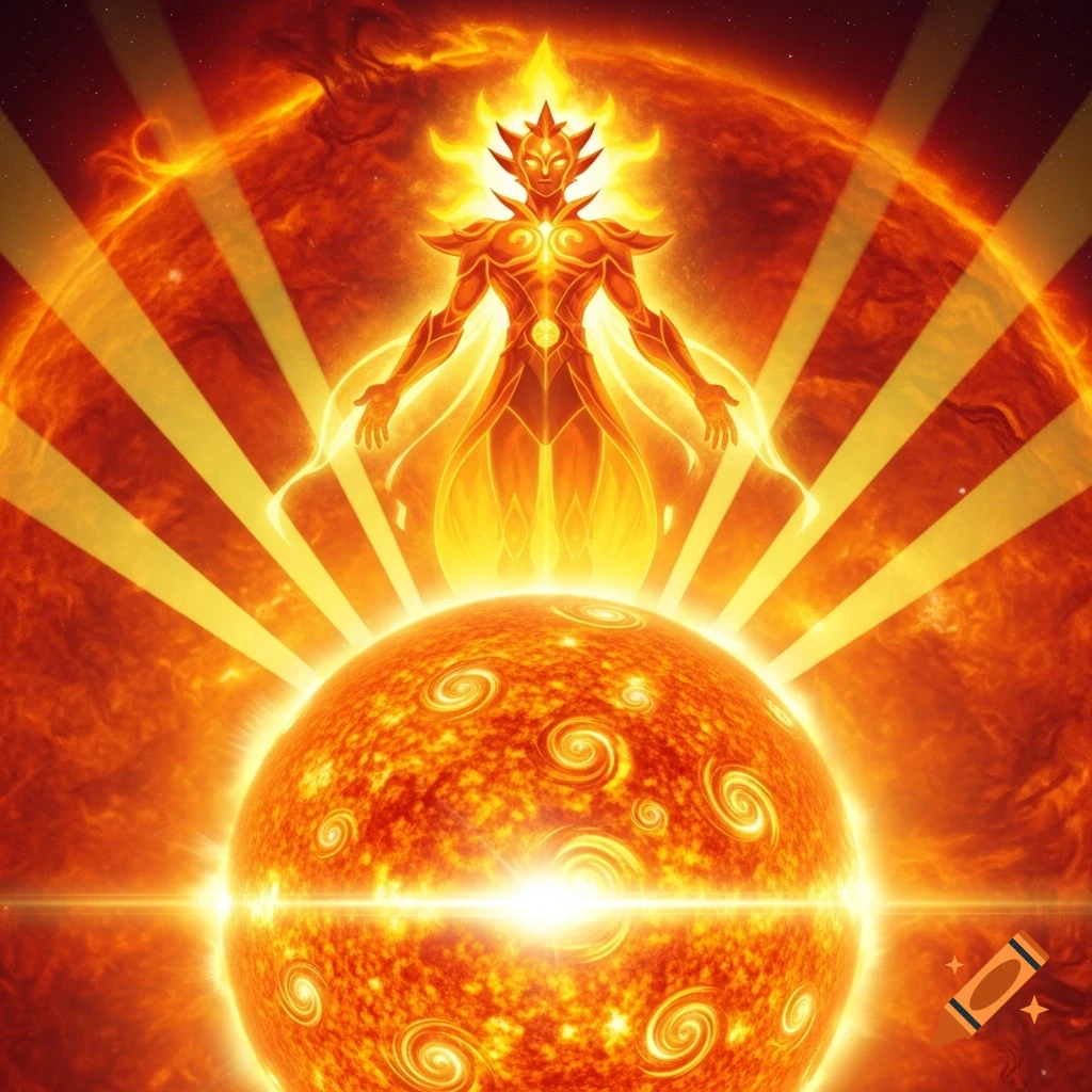 A glowing, stylized sun god figure with bright rays stands above a ...