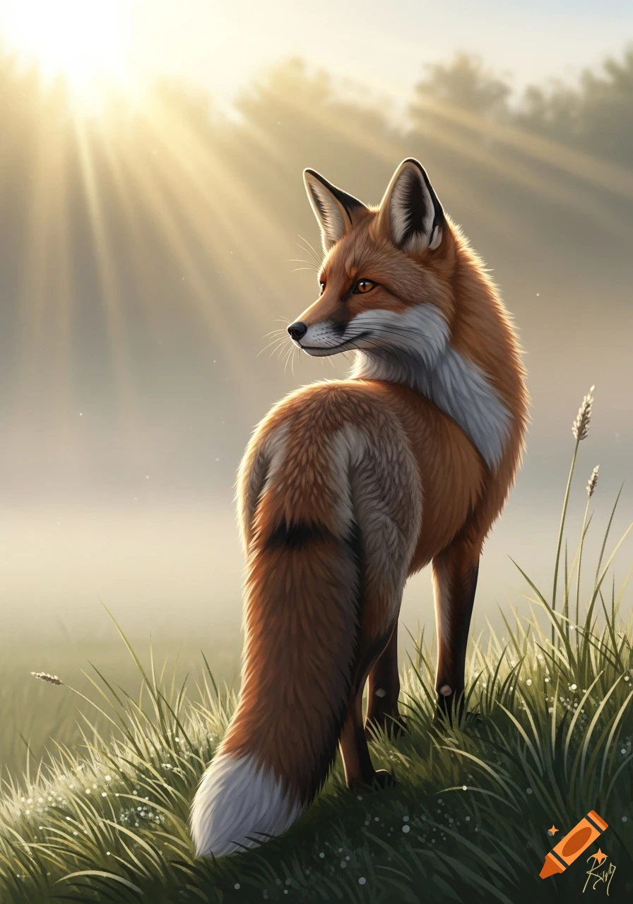 A red fox with a white chest and tail tip stands in sun-drenched, misty ...