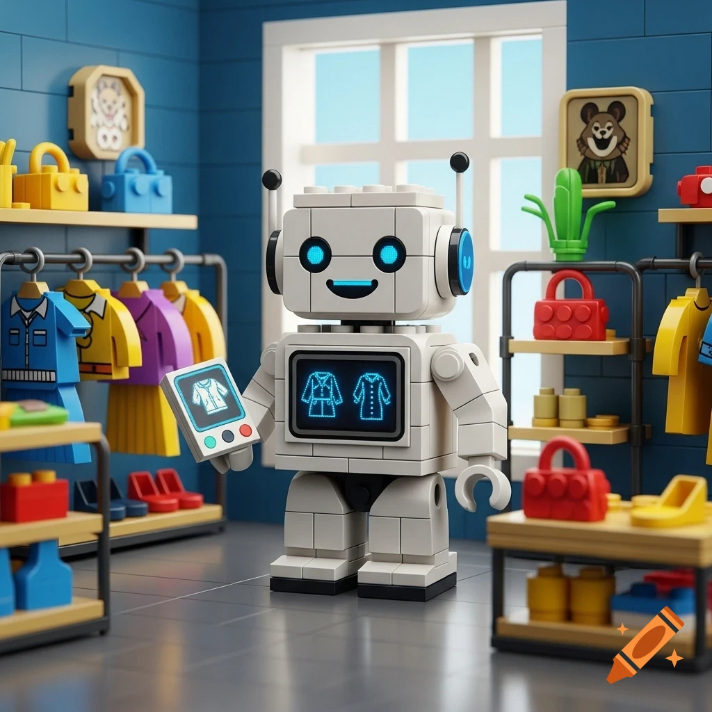 A friendly LEGO-style robot in a clothing store holding a tablet ...