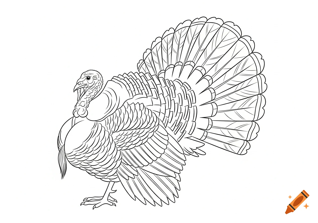 A simple black and white line drawing of a turkey in a side profile ...