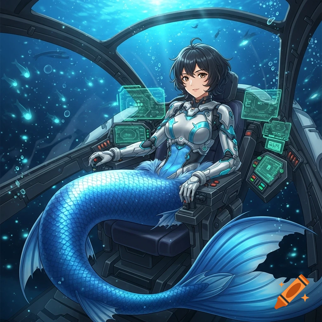 Anime mermaid with short dark hair and a blue tail in a white and blue ...