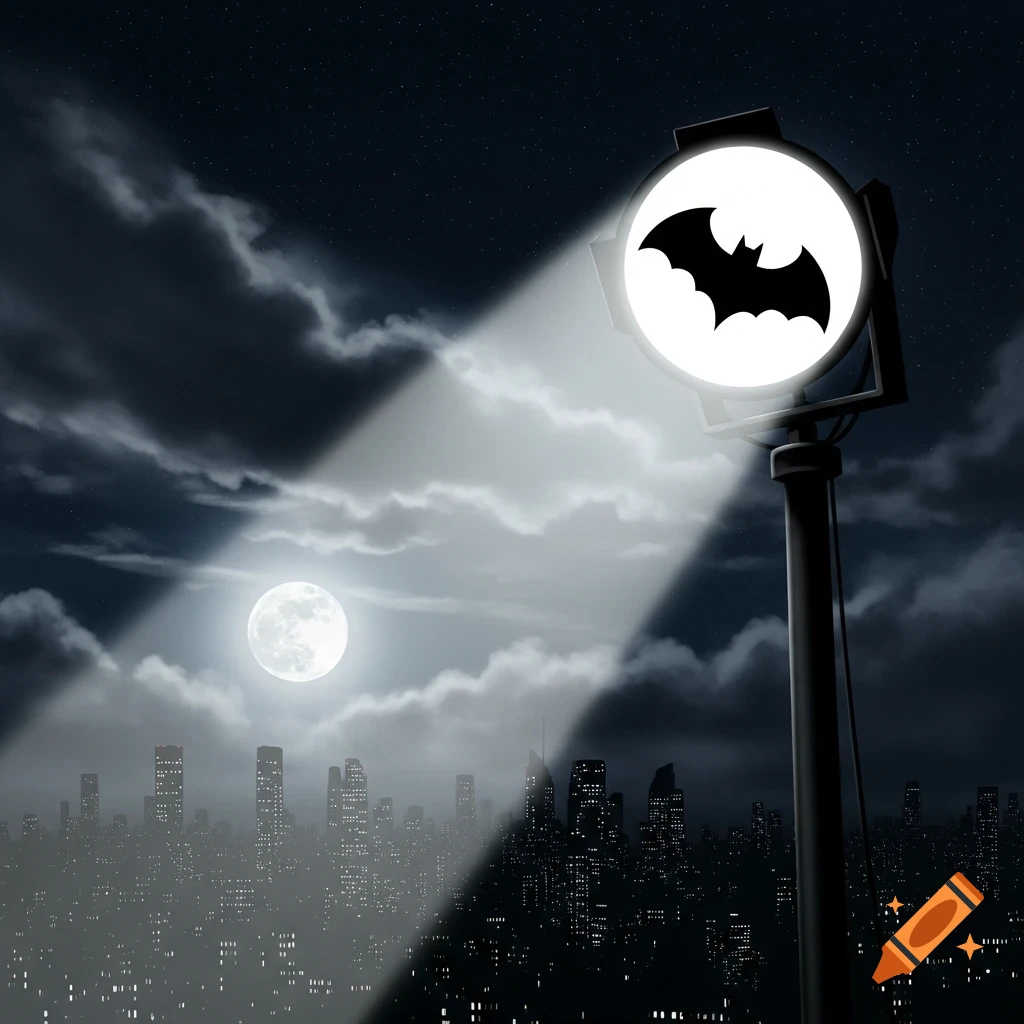 The Bat-Signal shines over a stylized city skyline at night under a ...