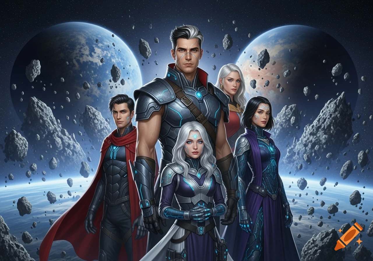 Five diverse characters in futuristic armor stand against a backdrop of ...