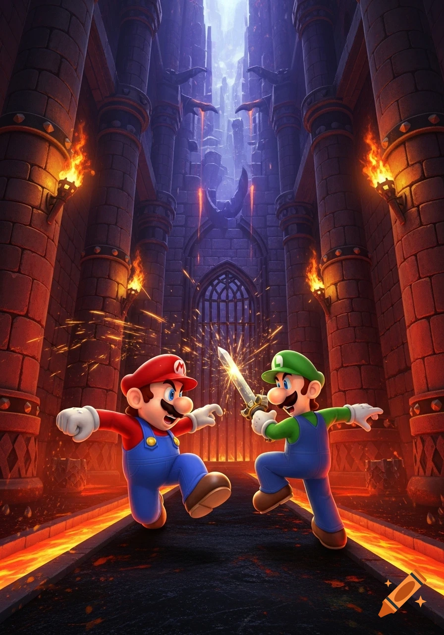 Mario and Luigi duel with a glowing sword in a dark, lava-filled Bowser ...