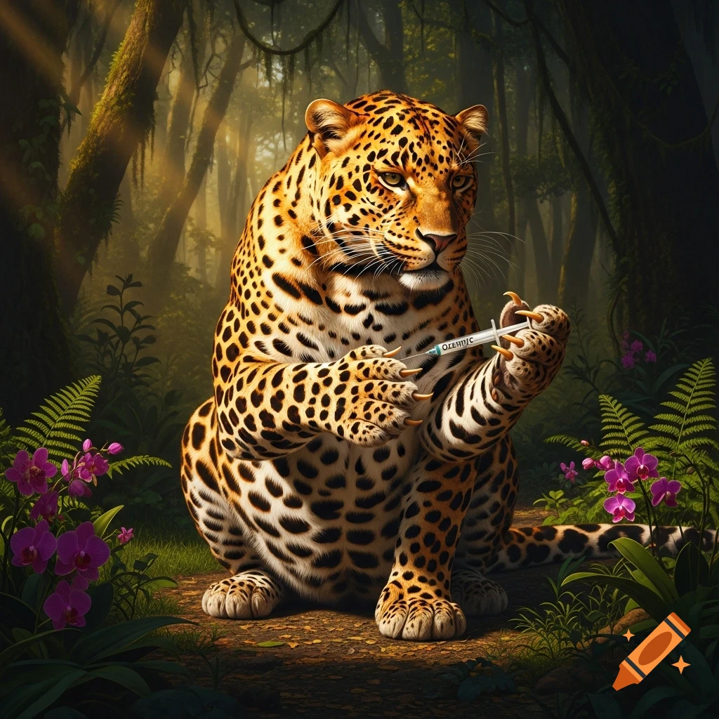 A photorealistic leopard sits in a lush jungle, holding a syringe ...