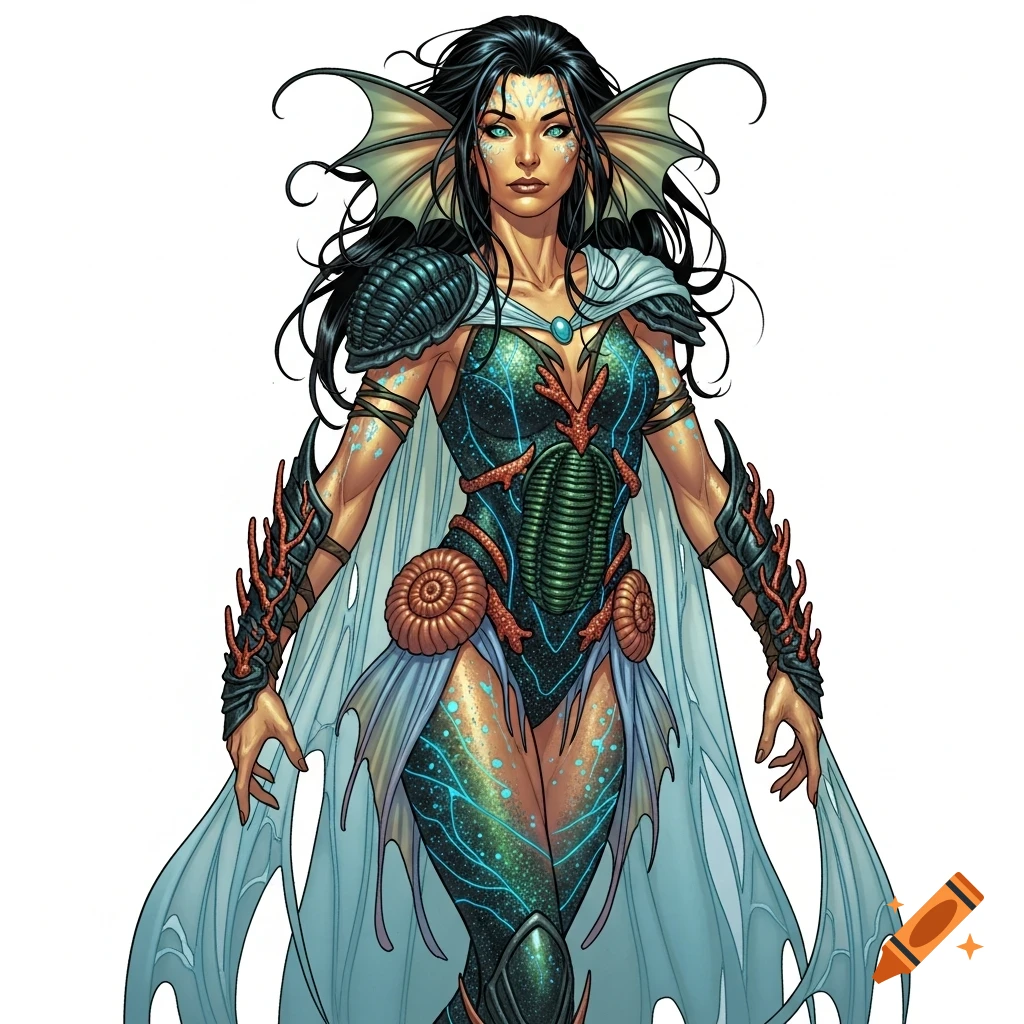 A dark-haired, green-eyed female sea creature character with subtle ...