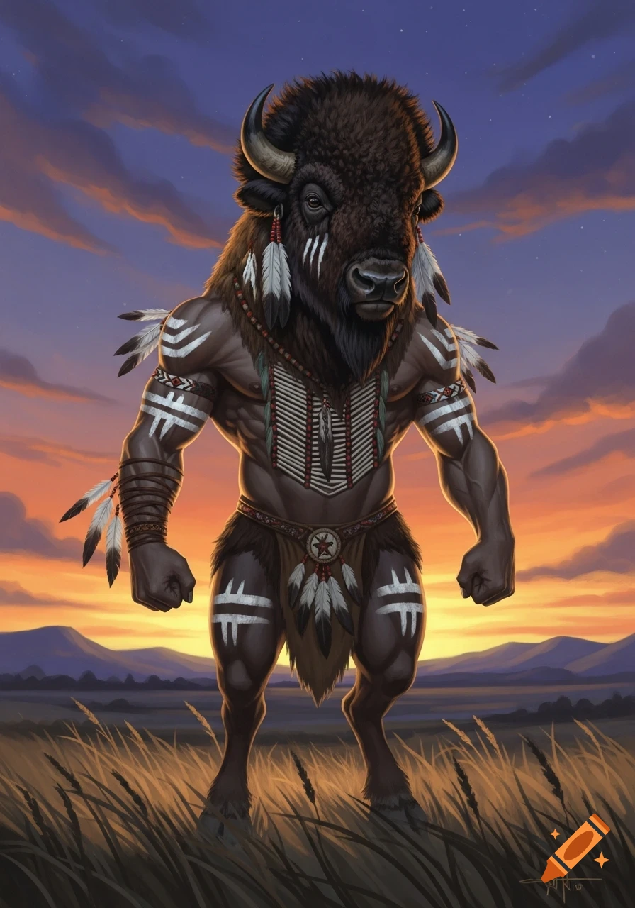 A powerful, muscular humanoid figure with a bison head stands in a ...