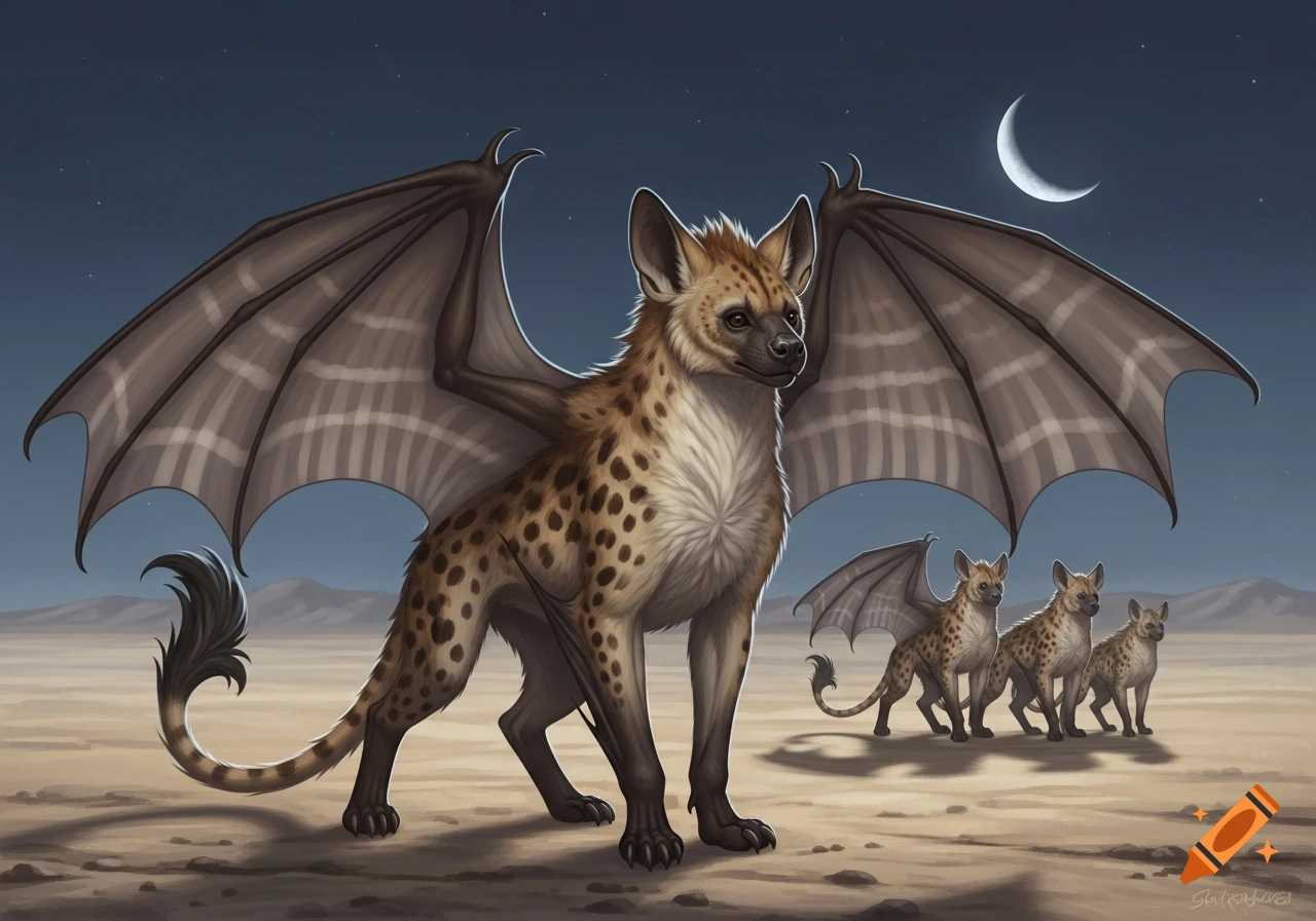 A large spotted, winged hyena-bat creature stands in a desert at night ...