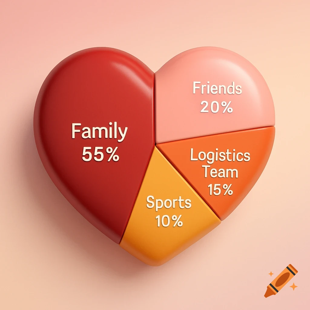 A glossy 3D heart-shaped pie chart showing segments for Family 55% ...