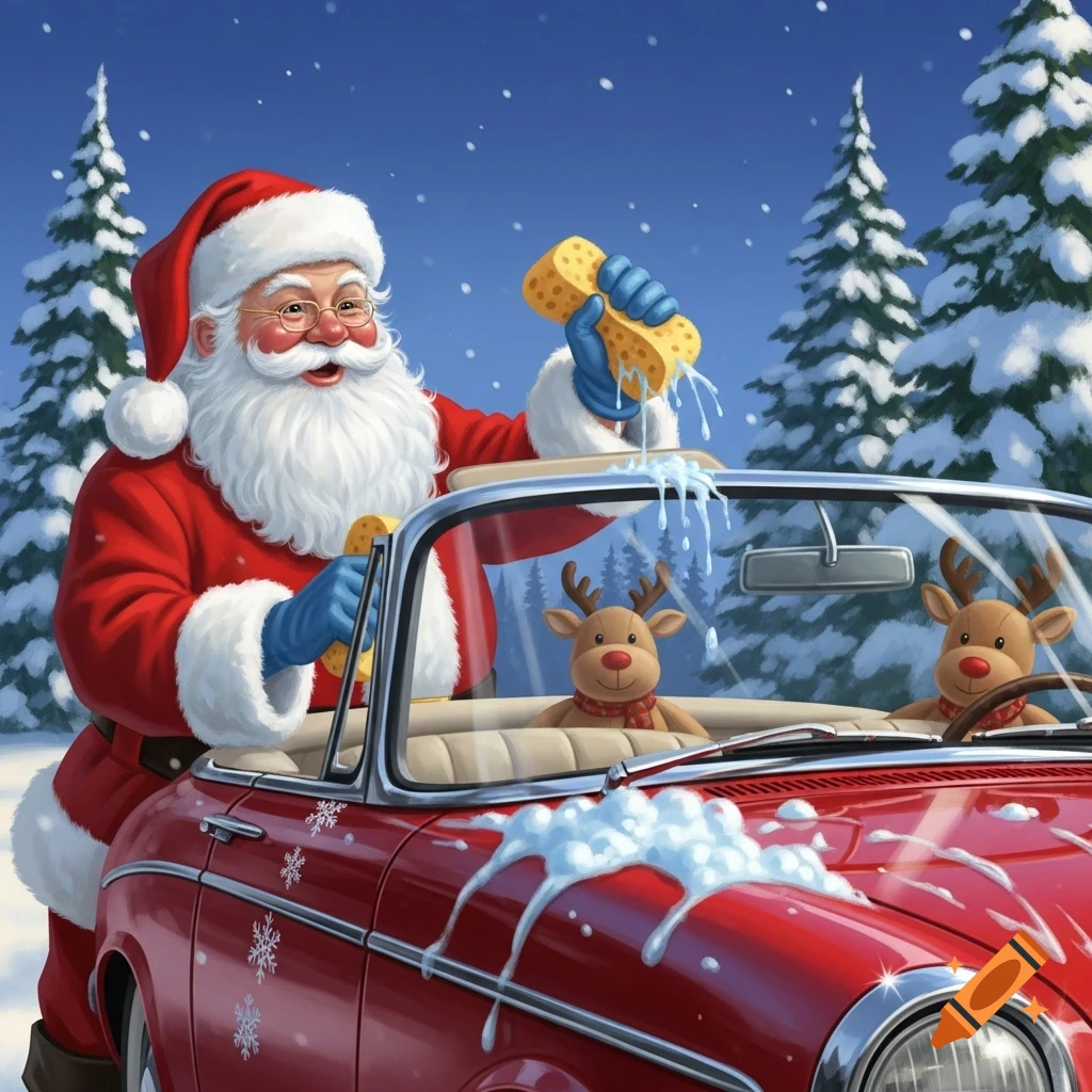 Santa Claus happily washes a red vintage convertible filled with two ...