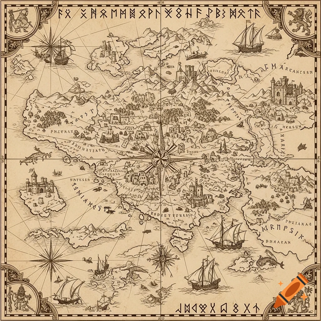 An antique-style medieval fantasy map featuring landmasses, mountains ...