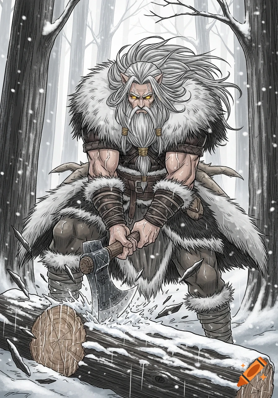 Muscular man with long grey hair and glowing yellow eyes, wearing fur ...
