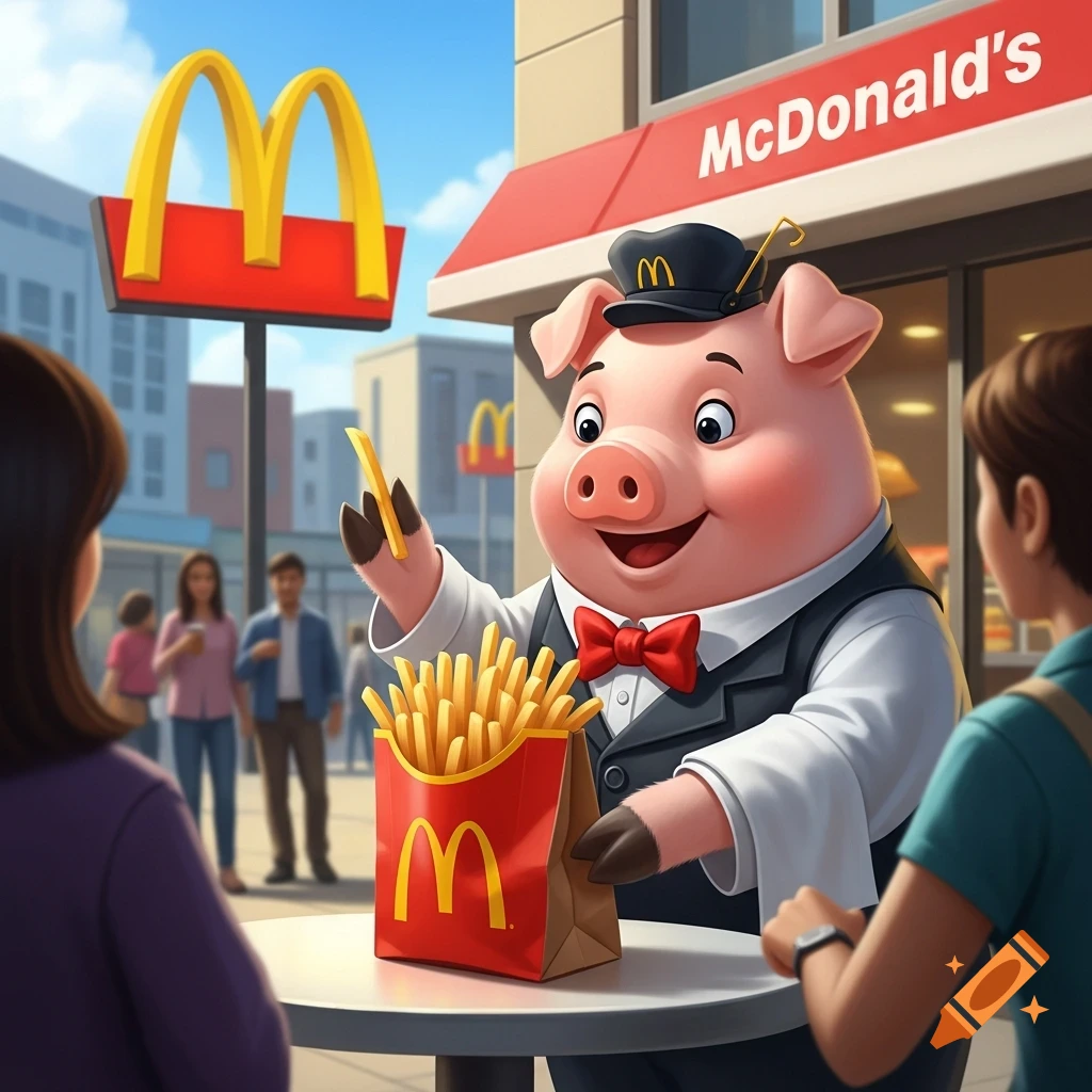Cartoon pig in waiter uniform offers a french fry at a McDonald's ...