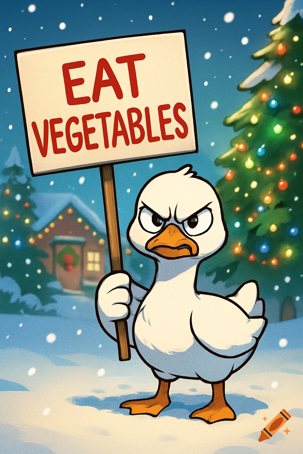 An angry cartoon goose holds a protest sign saying 'EAT VEGETABLES' in ...