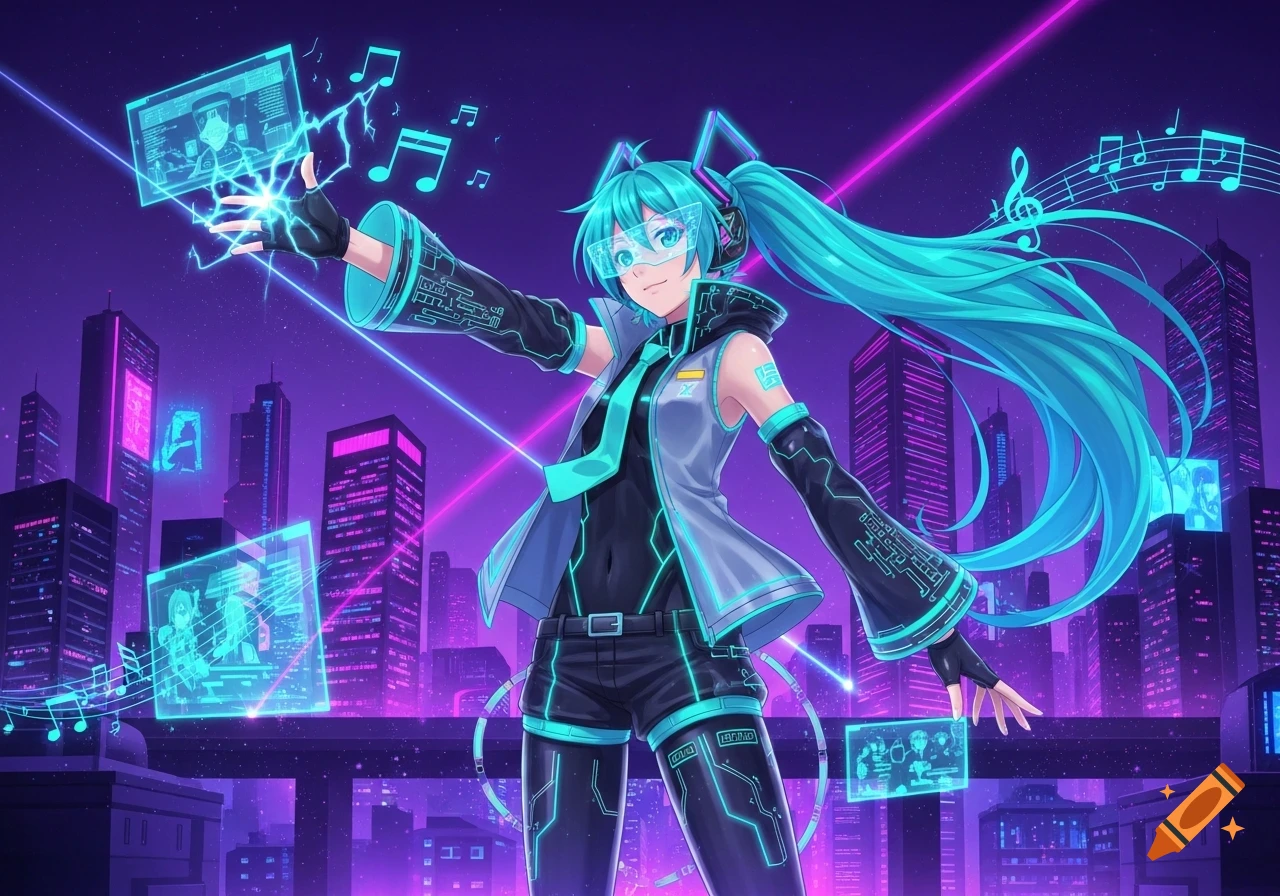 An anime character resembling Hatsune Miku with bright blue pigtails ...