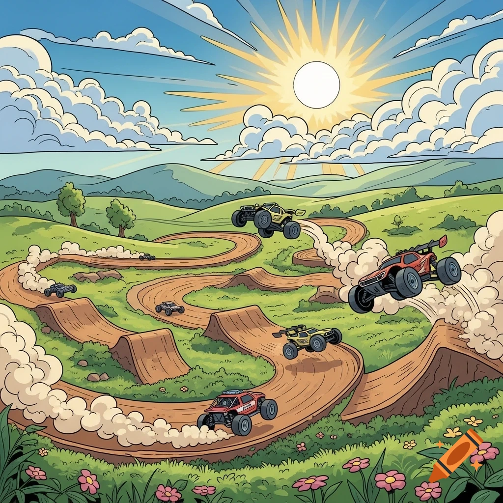Comic art of multiple RC buggies racing and jumping on a dirt track in ...