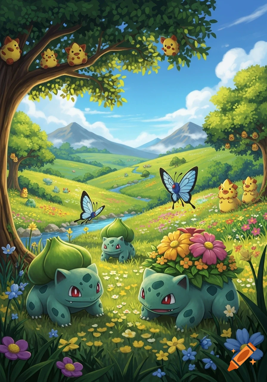 Vibrant cartoon illustration of Bulbasaur and other Pokémon in a lush ...