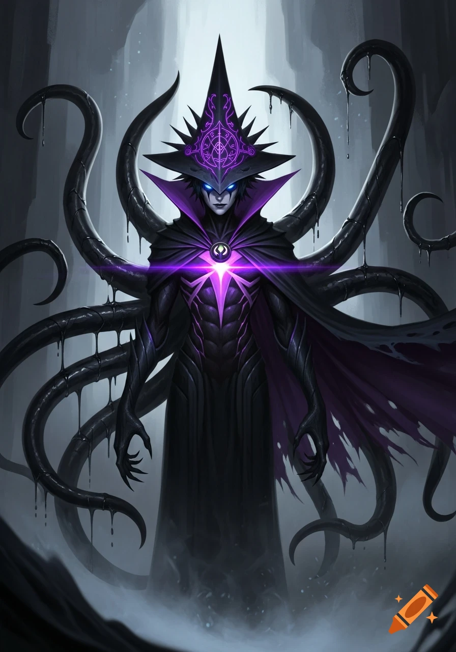 A dark fantasy warlock in black robes with purple accents, glowing eyes ...