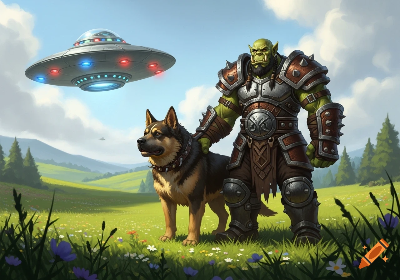 A green orc and a dog stand in a flower-filled meadow as a silver UFO ...