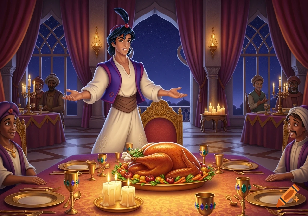 Animated Aladdin presents a Thanksgiving turkey feast in a richly ...