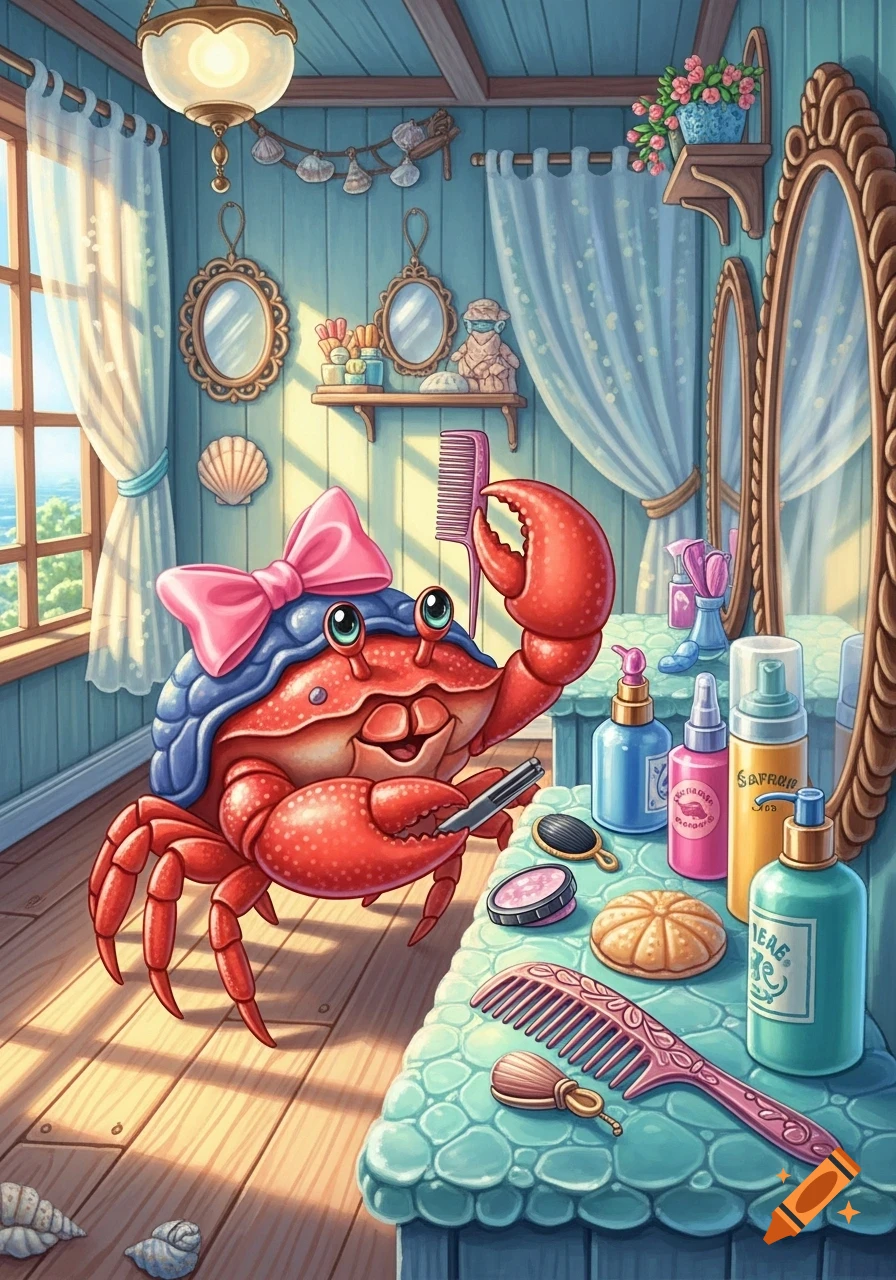 A cute red cartoon crab with a pink bow and blue shell cap applies ...