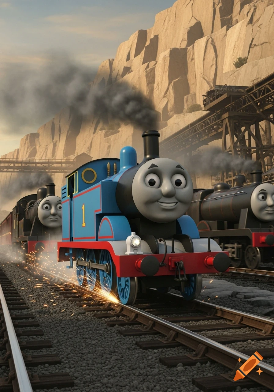 Thomas the Tank Engine and other trains speed through a quarry, sparks ...