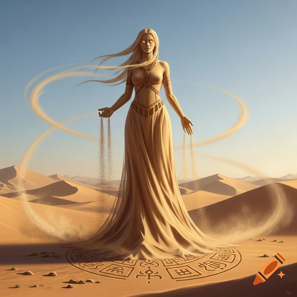 A majestic sand elemental woman with glowing eyes and long flowing hair, stands in a desert ...