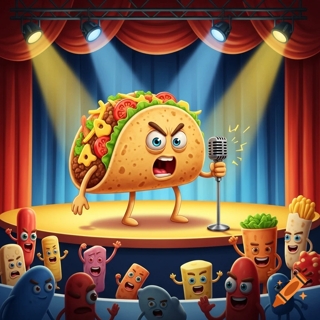A cartoon taco with an angry expression sings into a microphone on a ...