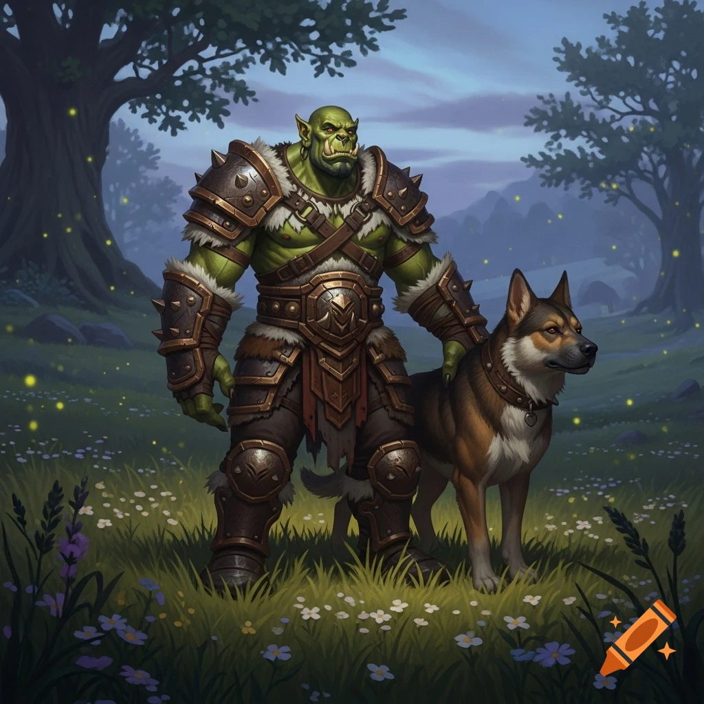 An orc in detailed armor stands with his dog in a flowery forest at ...