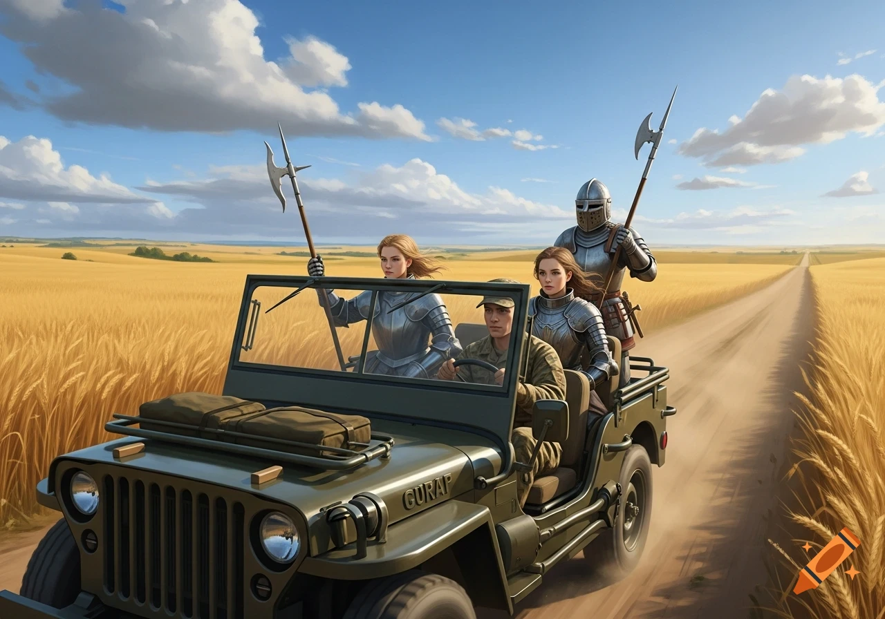 An army jeep with a man in uniform and two women in medieval armor ...