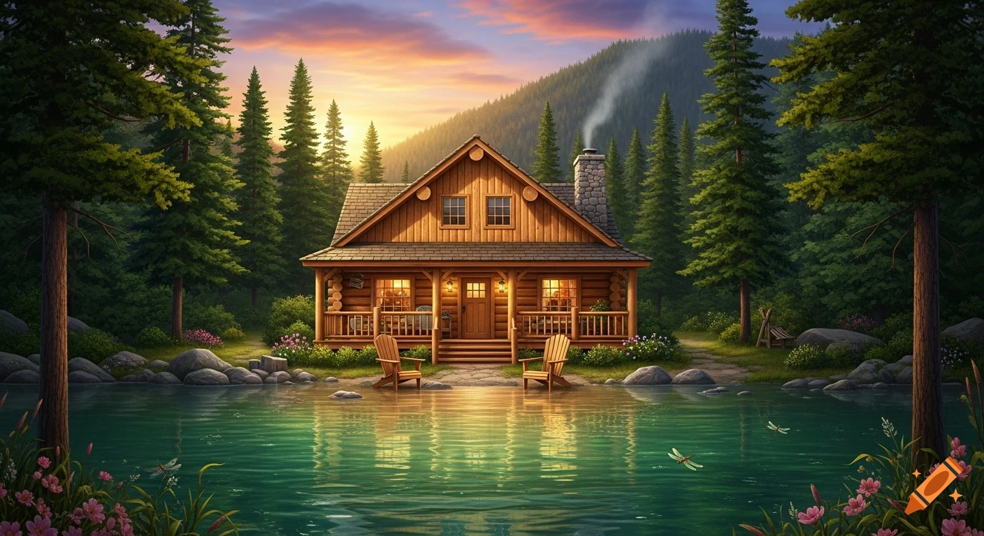 A rustic wooden cabin with a lit porch sits by a calm lake, surrounded ...