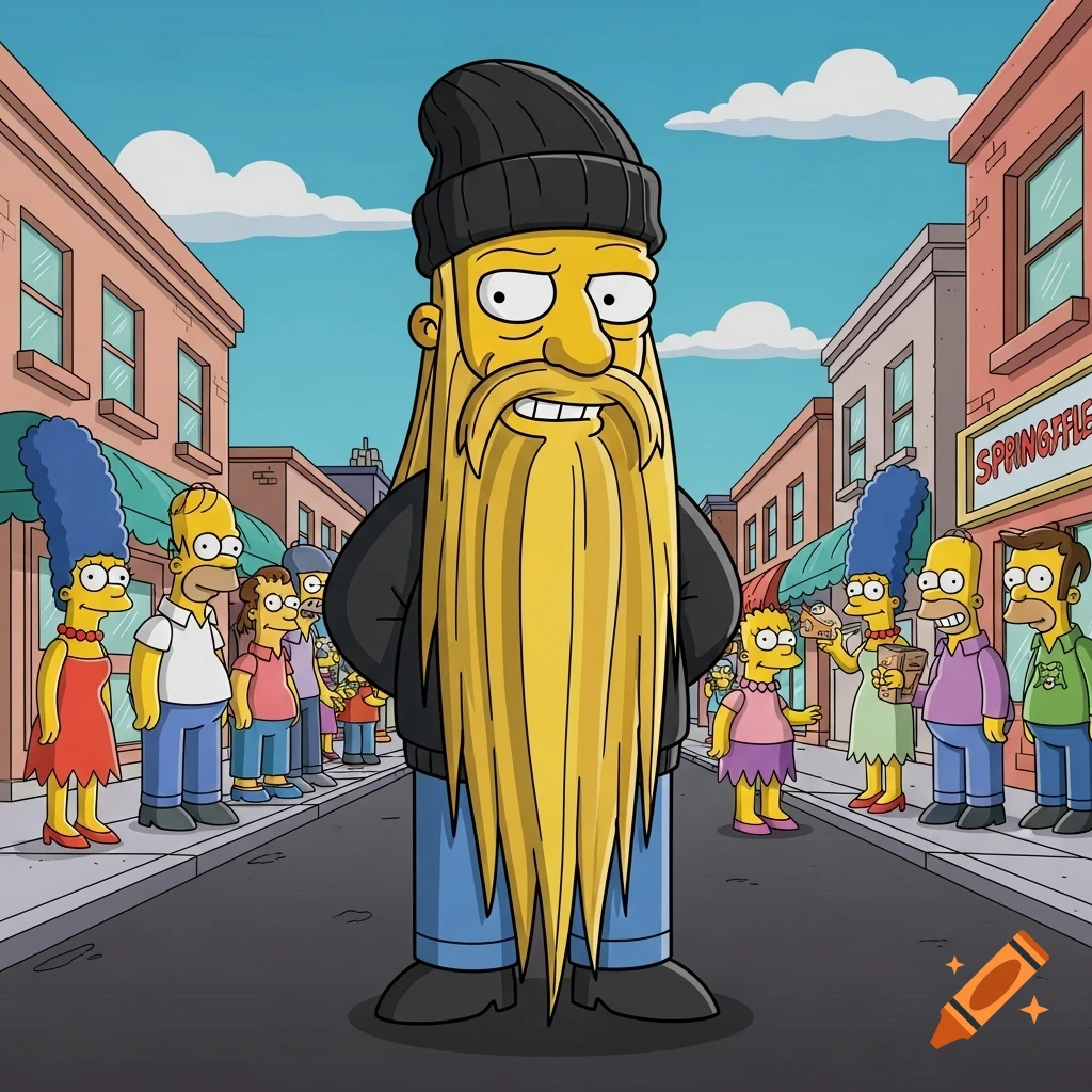 A tall man with a long yellow beard and black beanie in The Simpsons ...