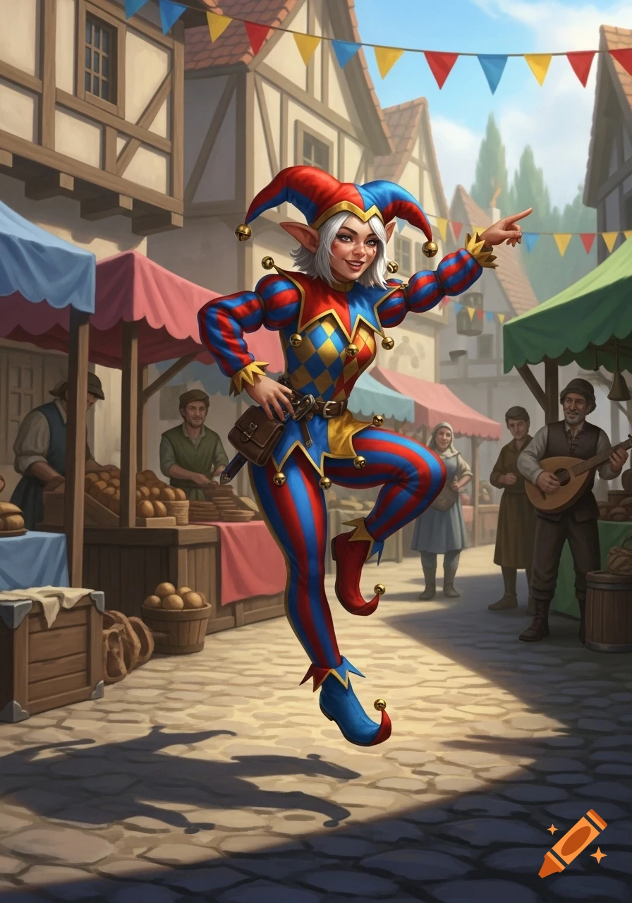 A lively female halfling jester in colorful red, blue, and yellow ...
