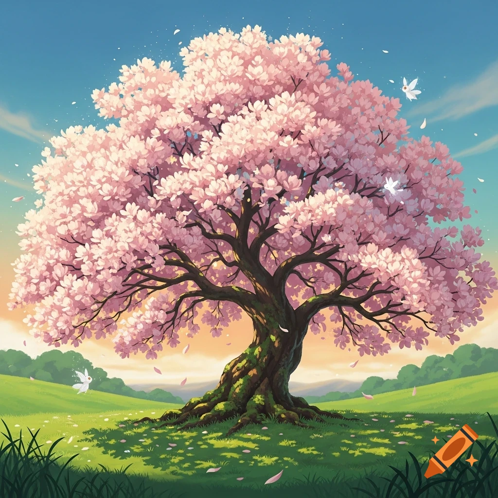 A vibrant Studio Ghibli-style illustration of a grand cherry blossom ...