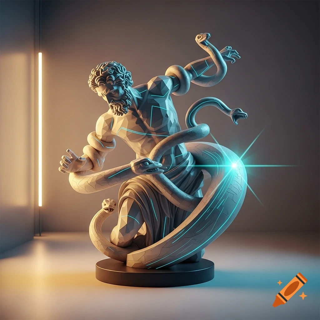 An abstracted, low-poly statue of a man tangled with snakes ...