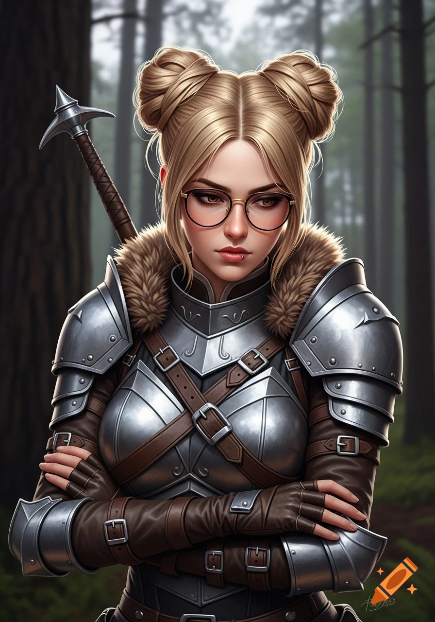 A young woman with blonde hair in two buns, wearing glasses and a lip ...