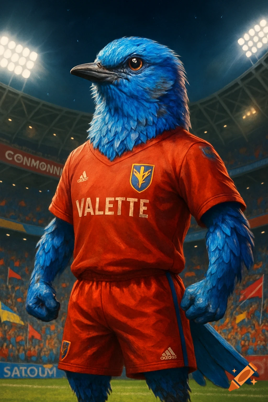 A blue bird mascot in a red soccer uniform with "VALETTE" on the chest ...
