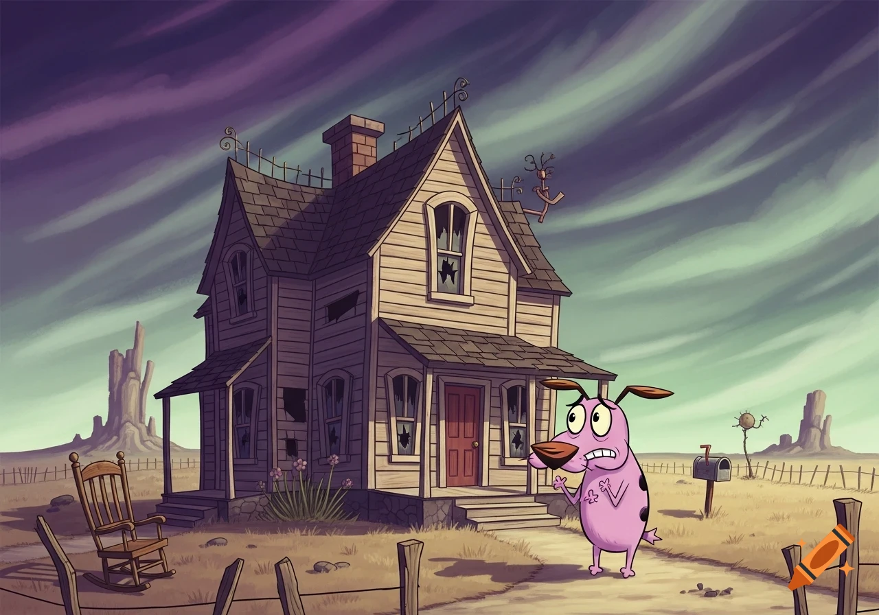 Courage the Cowardly Dog looks frightened in front of his spooky ...