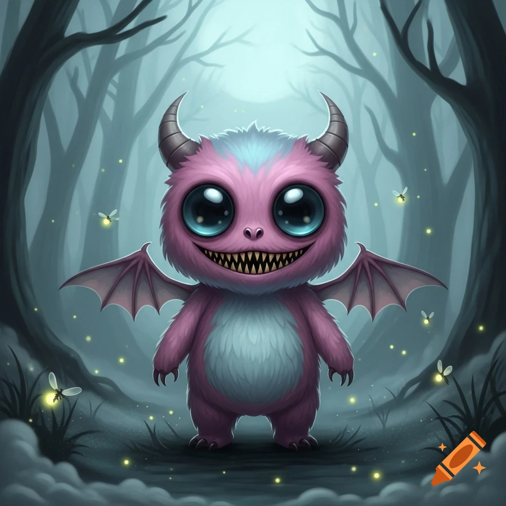 A cute, fluffy pink and blue monster with big blue eyes, horns, bat ...