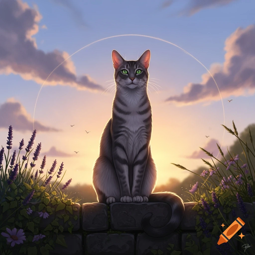 A majestic tabby cat with green eyes sits on a stone wall amidst ...