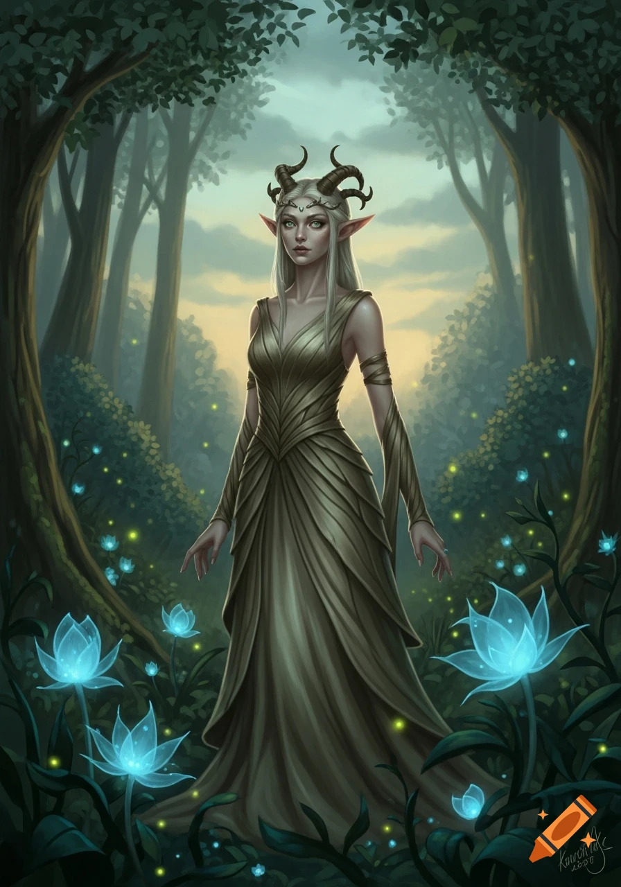 An elegant horned elf-like woman with long blonde hair in a mystical ...