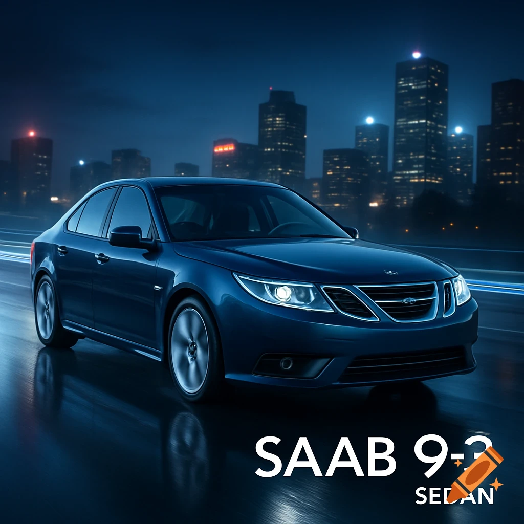 A dark blue Saab 9-3 sedan drives on a wet city street at night, with ...