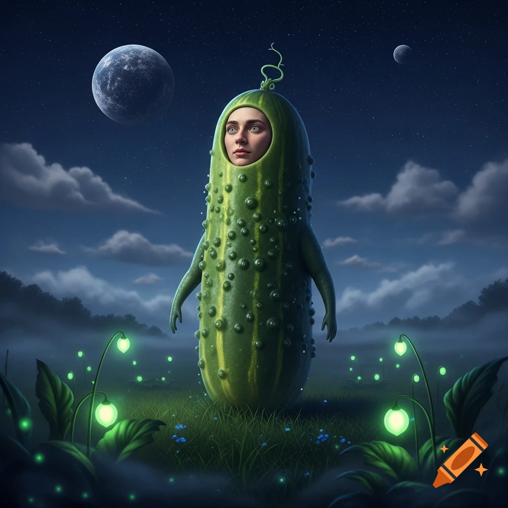 A human-faced pickle creature stands in a misty field with glowing ...